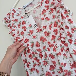 Zara | Dresses | Zara New Ruffled Midi Dress Red White Floral | Poshmark